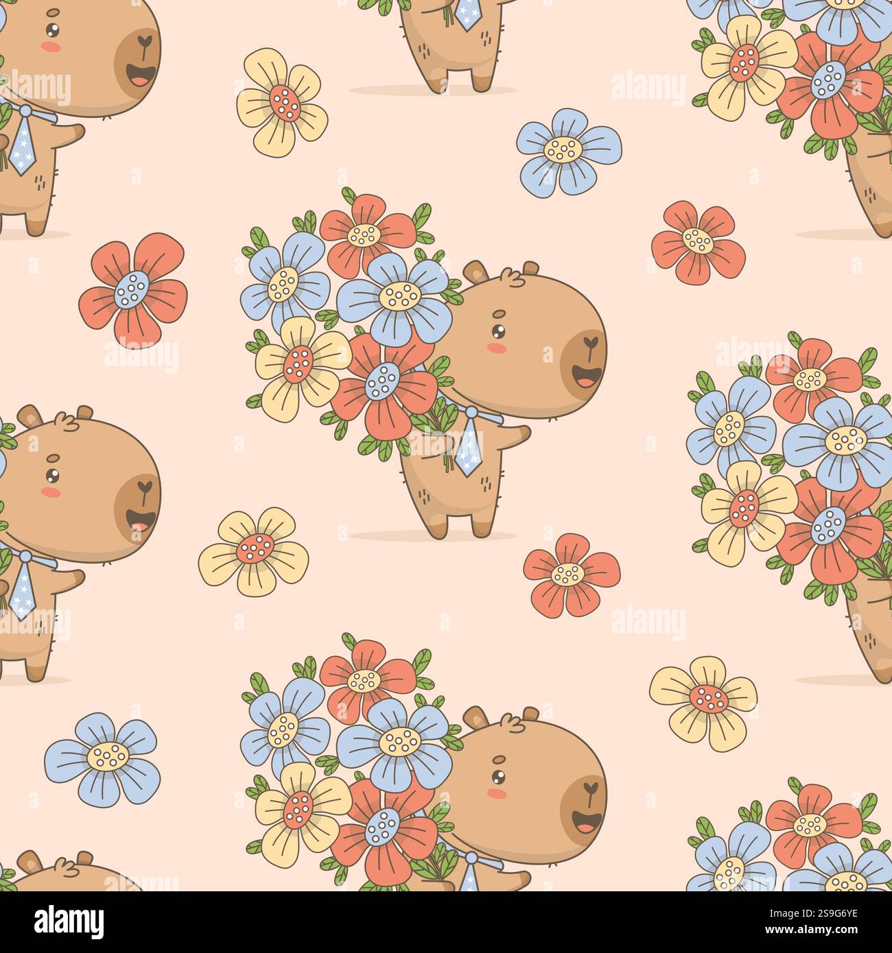 Seamless Pattern with Cute Capybara Big Holding Bouquet of Flowers on ...