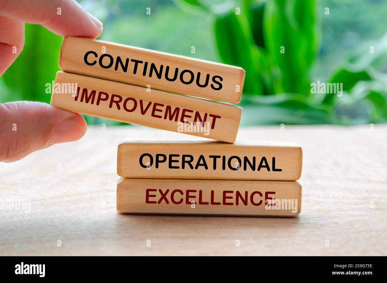 Continuous improvement and operational excellence text on wooden blocks ...