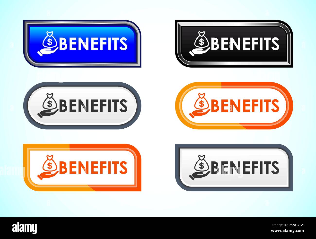 Benefits button set of different shapes and colors. Suitable for mobile ...