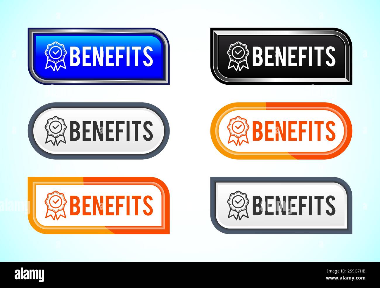 Benefits button set of different shapes and colors. Suitable for mobile ...