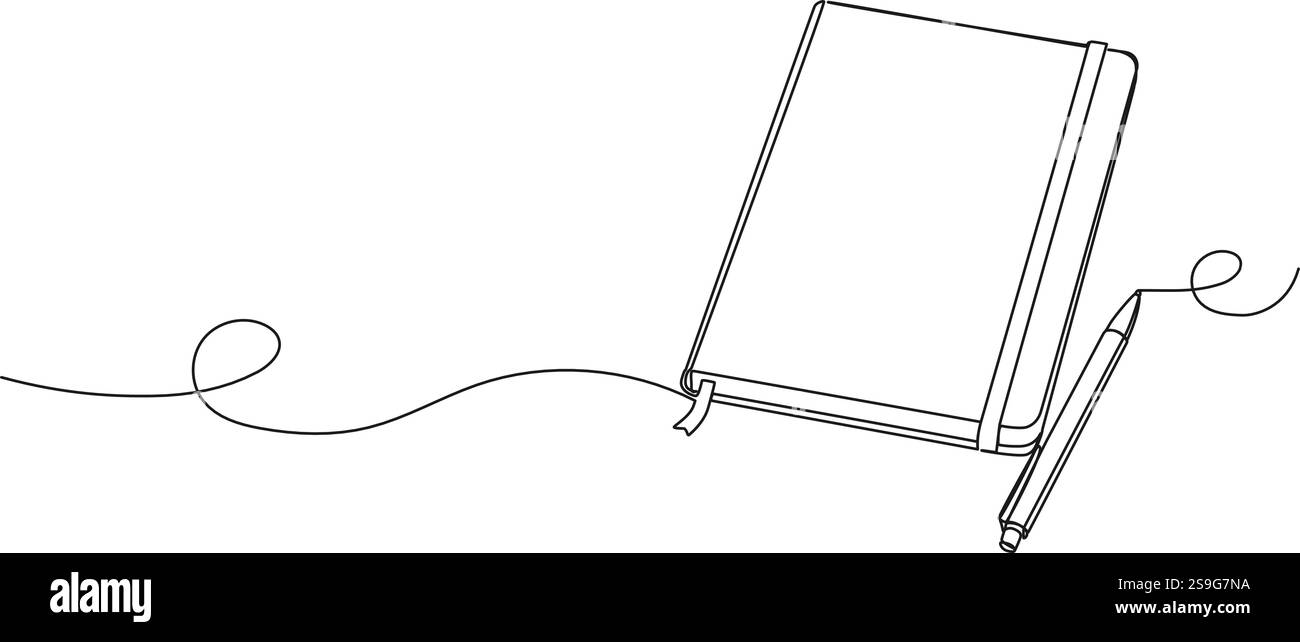 continuous single line drawing of closed journal or diary and pen, line ...