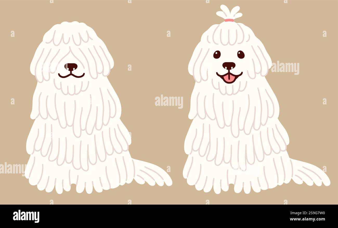 Cute cartoon Komondor dog, with hair covering eyes and up hairstyle ...