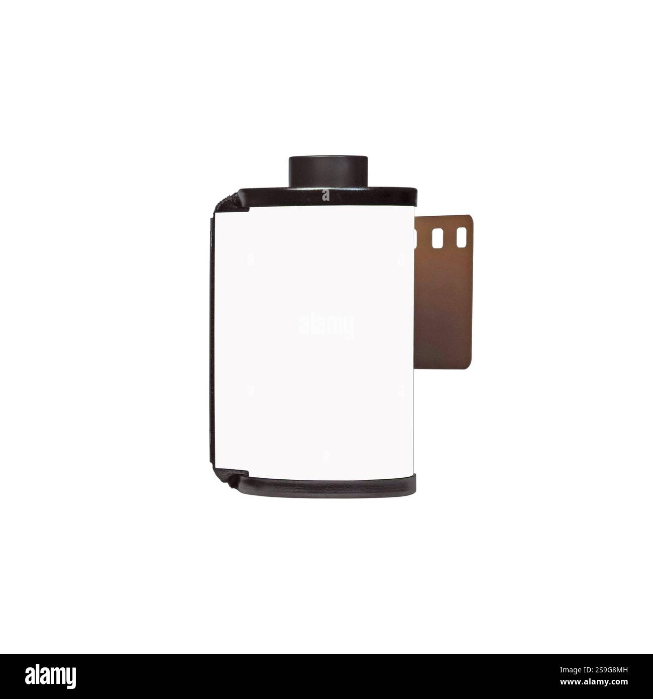 Front view of 35mm photographic film roll with blank label isolated on ...