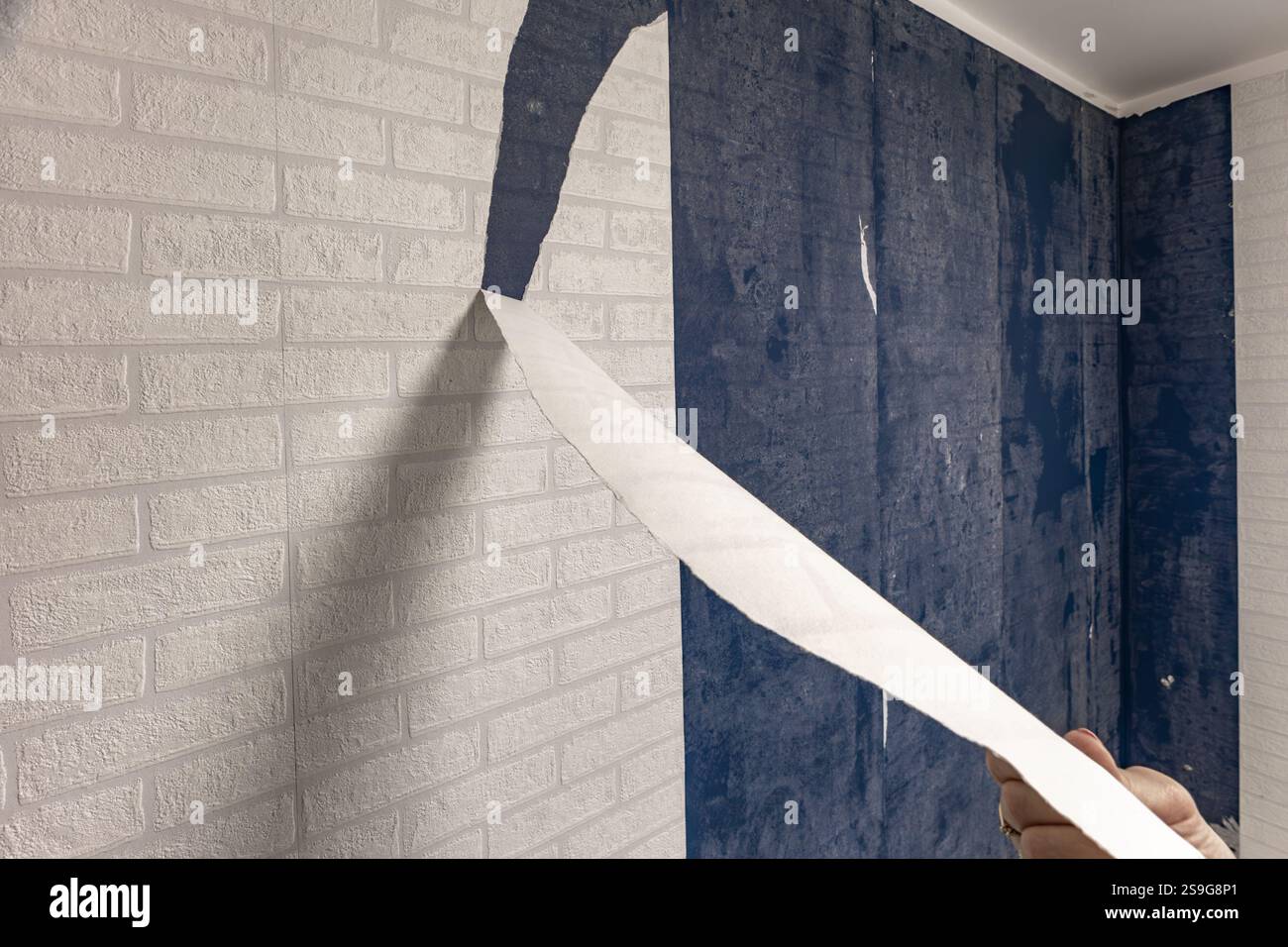 Stripping old wallpaper from the wall in the bedroom, apartment ...