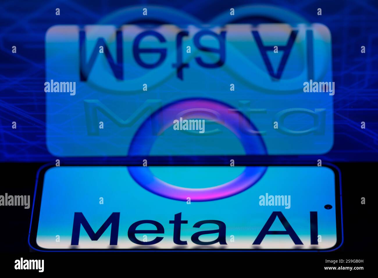 Meta AI logo is displayed on a mobile phone with Meta logo seen on ...