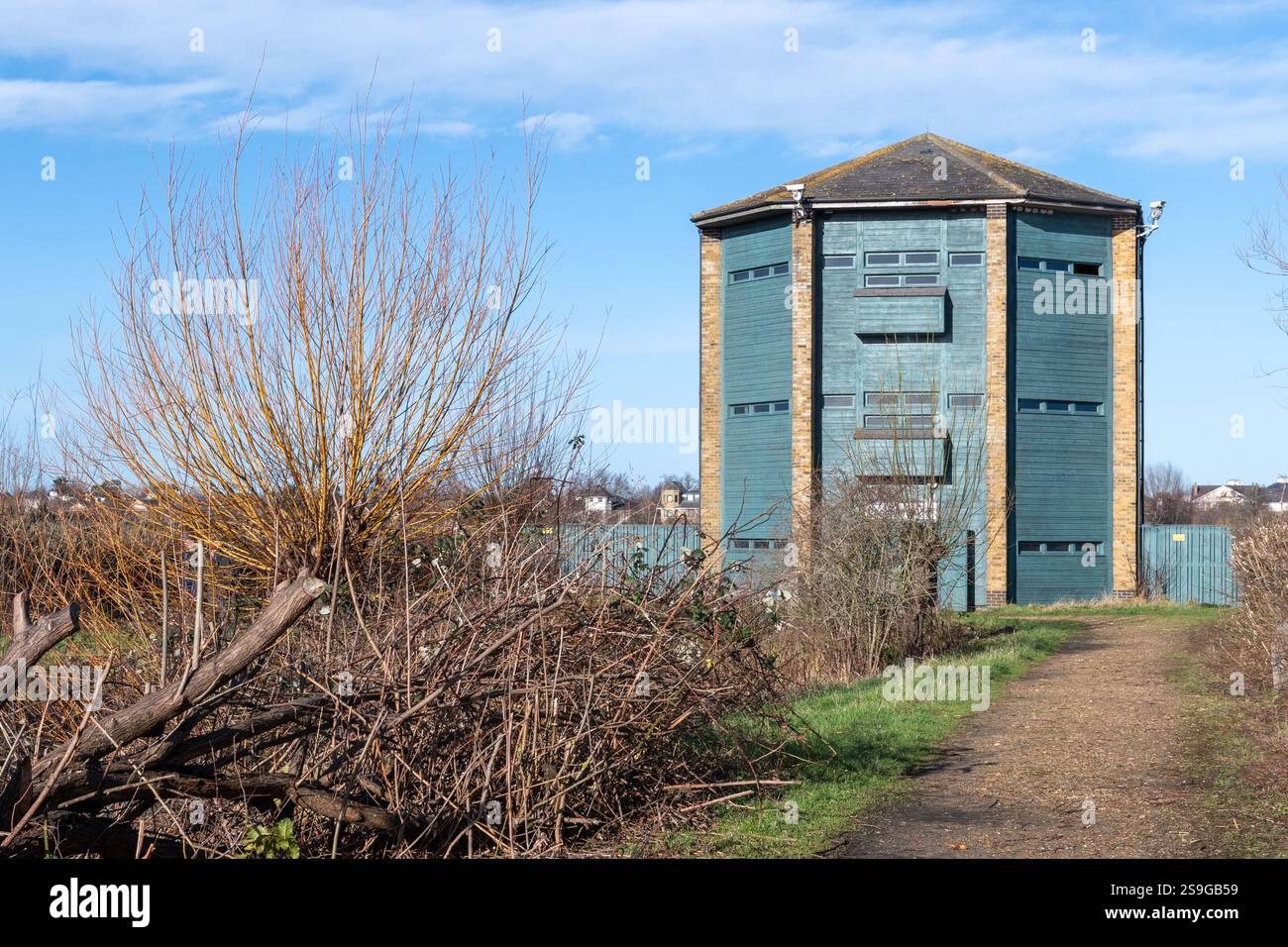 View of the WWT London Wetland Centre with the Peacock Tower bird hide ...