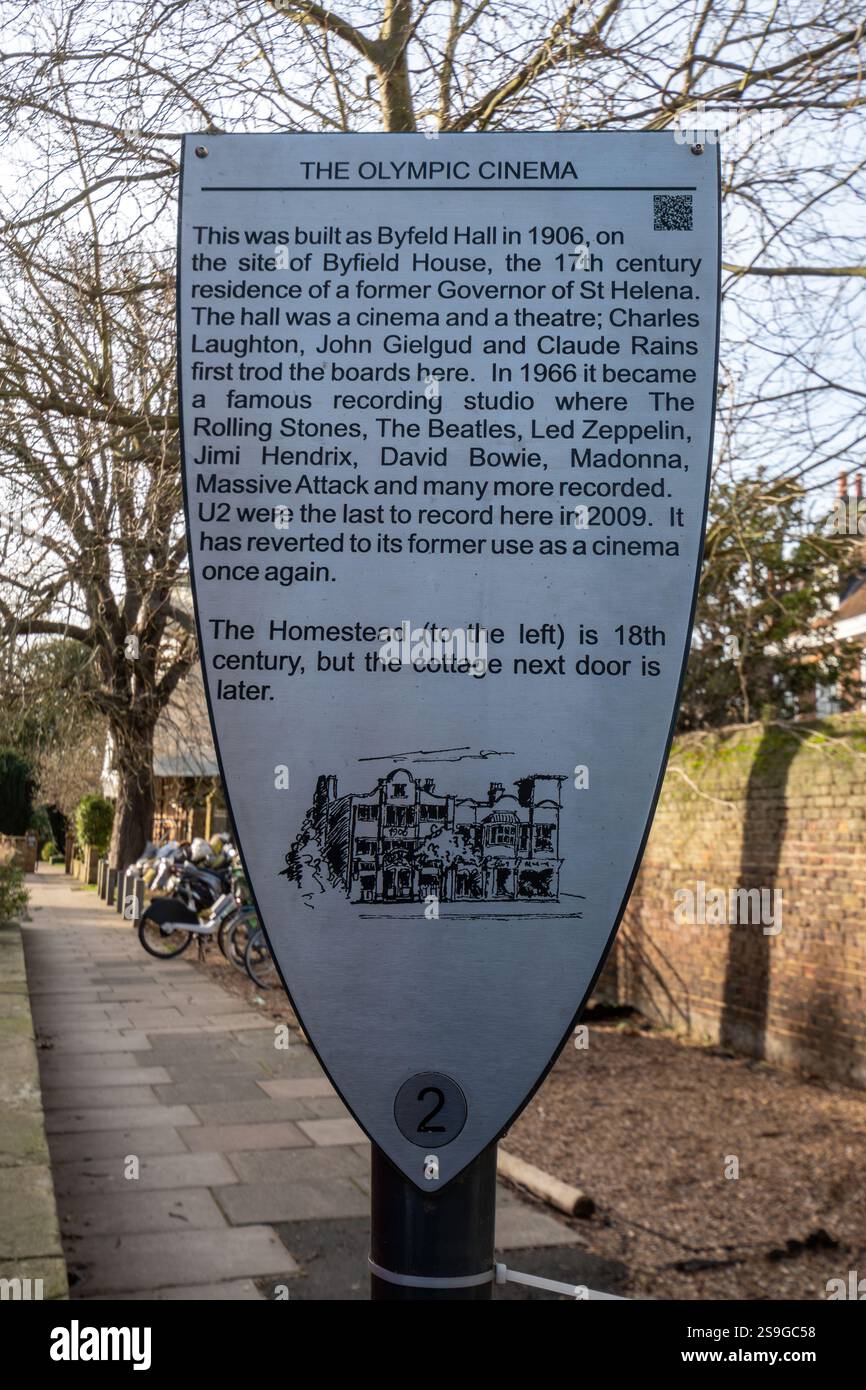 Oar-shaped information sign about Olympic Studios, now a cinema, on ...