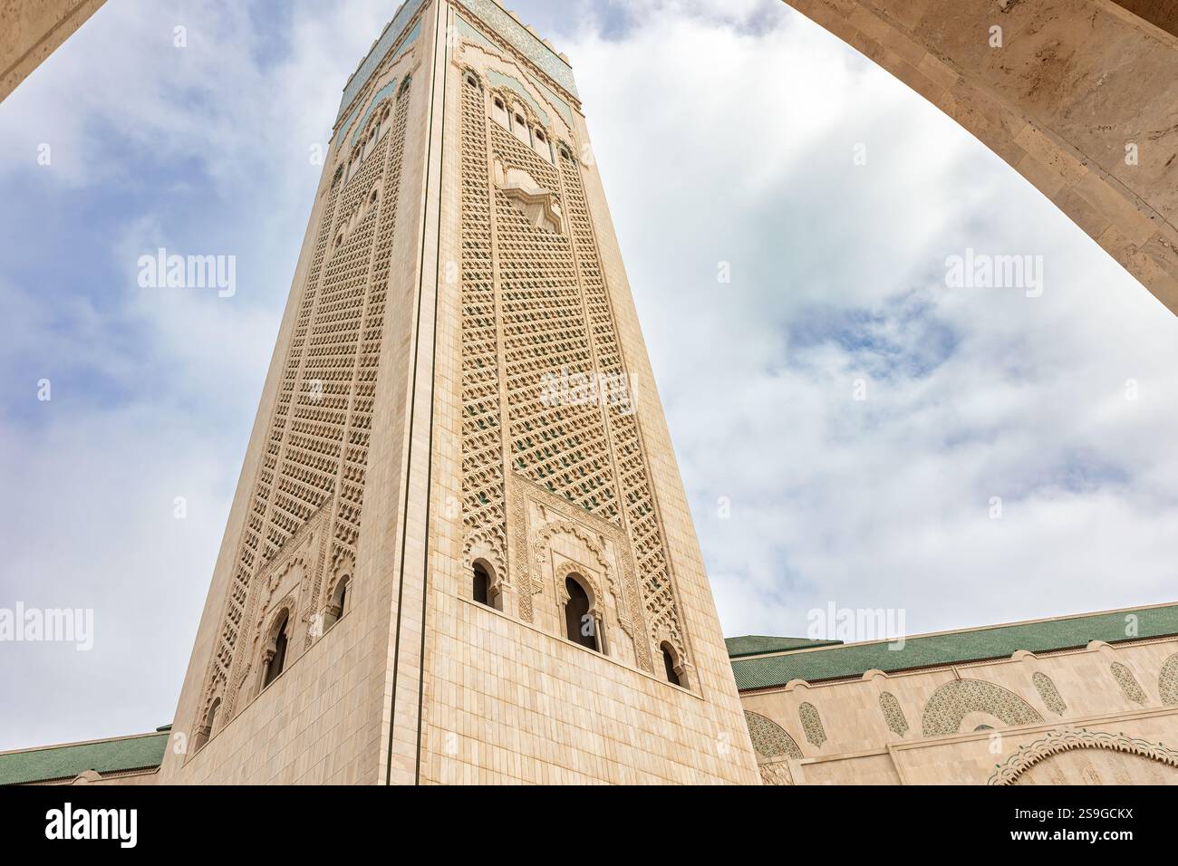 Closeup view of the tower of Hassan II Mosque. built in 1993 ...