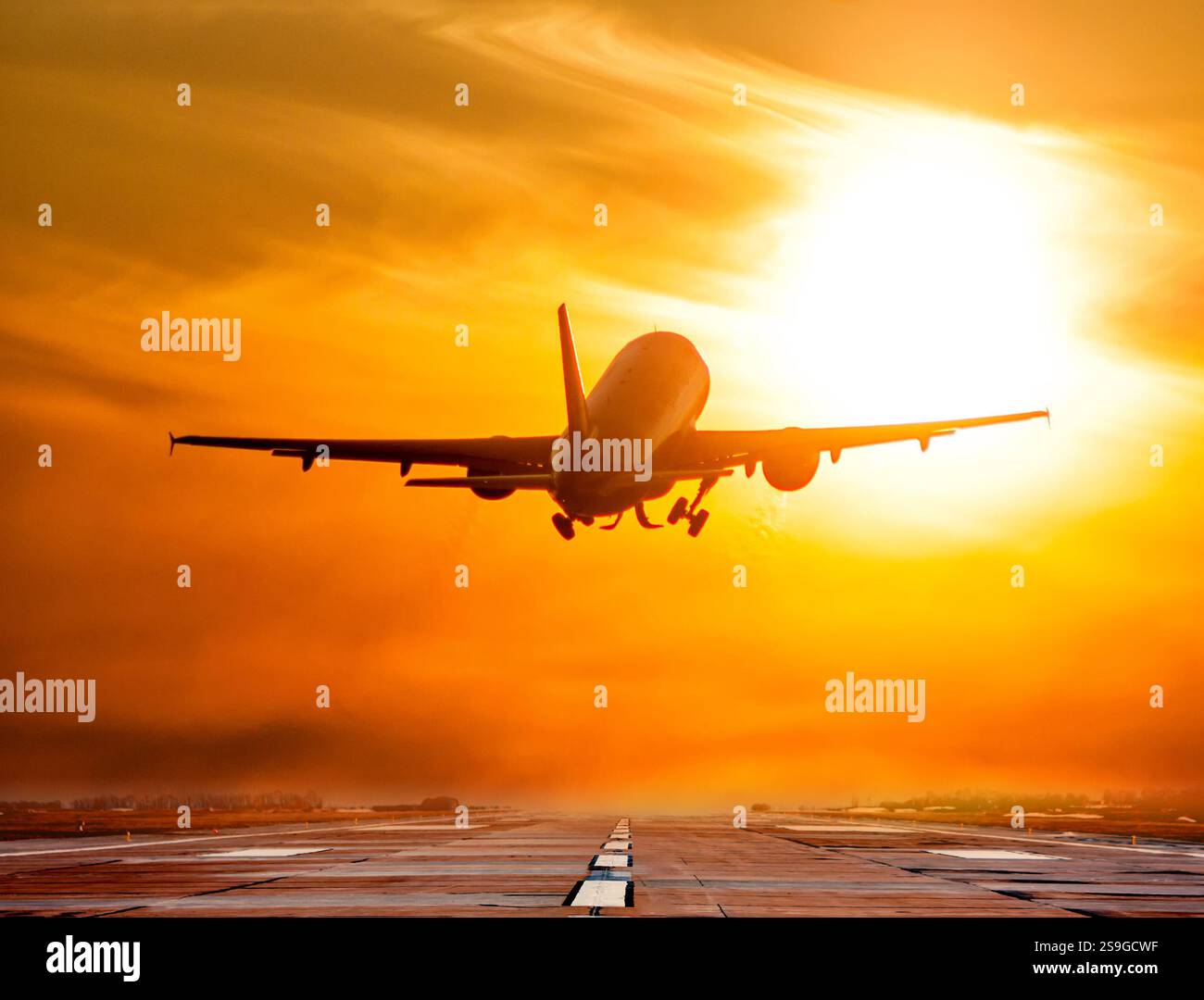 Passenger airplane take off airport runway against the backdrop sunrise ...