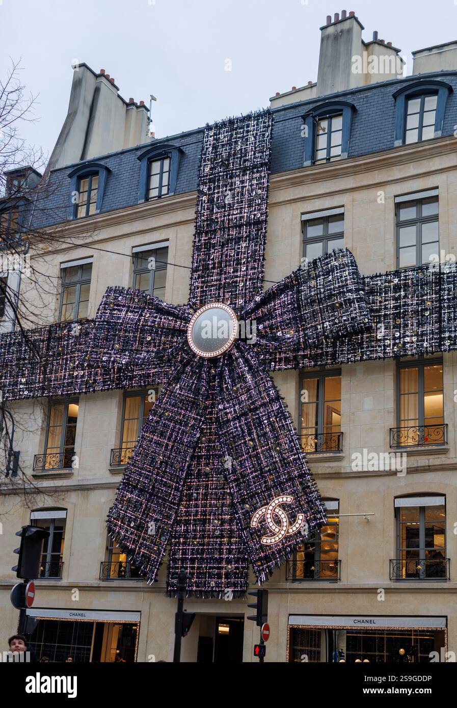 Festive Christmas decorations on the Chanel flagship store facade in ...