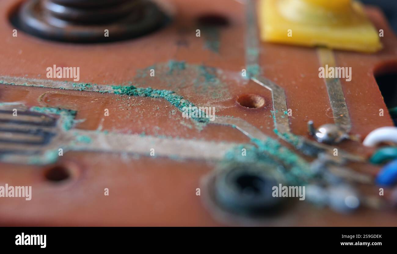 Oxidized copper lines which appears green in color on an electronic ...