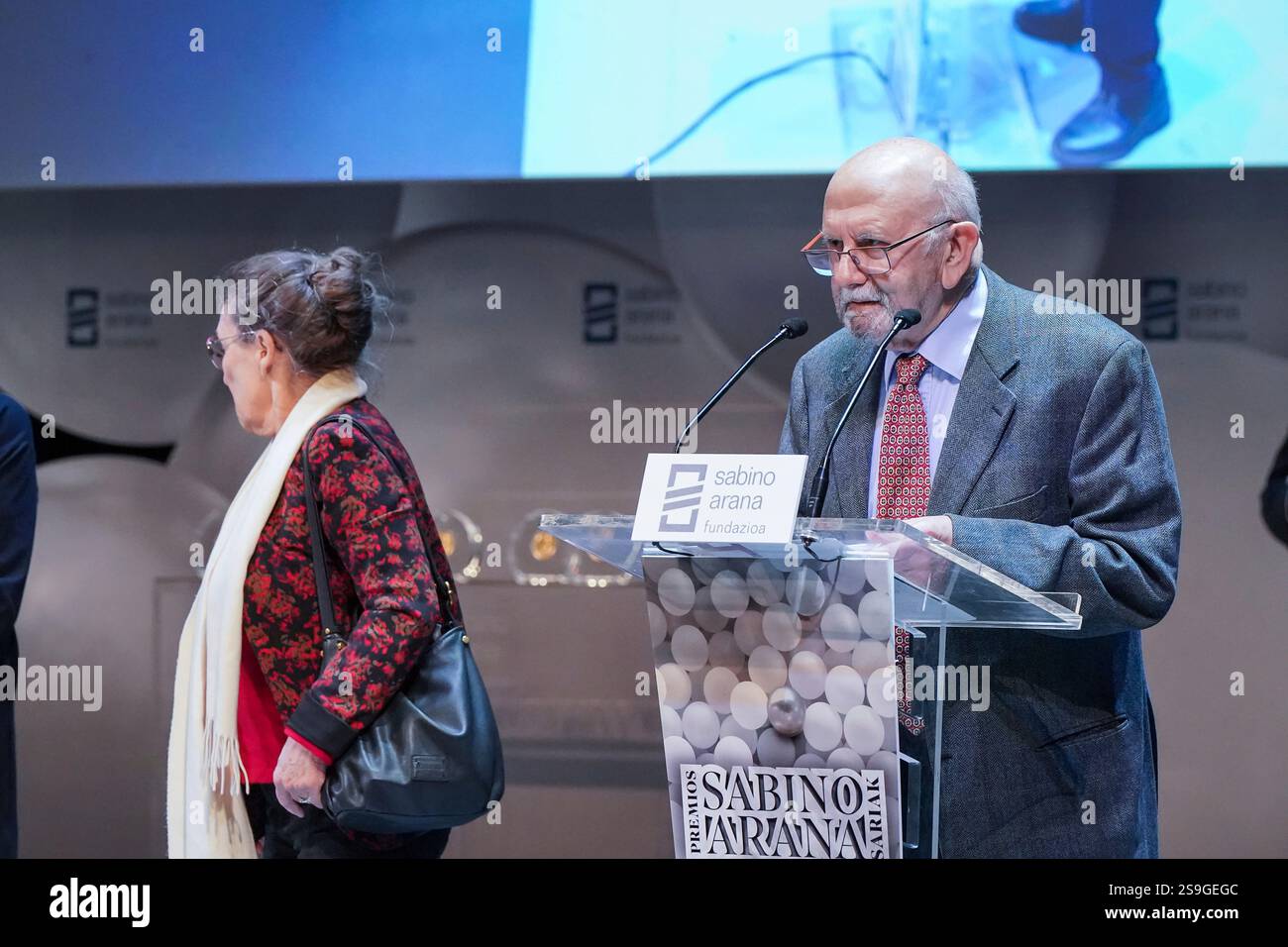 Historian Jean-Claude Larronde speaks during the Sabino Arana Awards ...