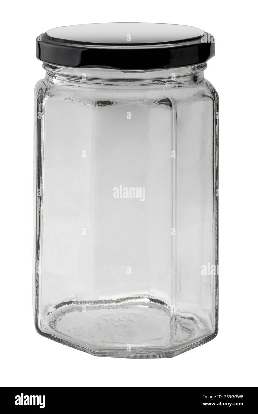 Empty hexagonal shaped glass jar with black cap isolated on white with ...