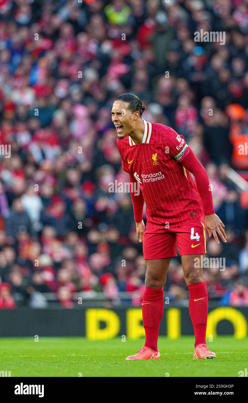 Liverpool's Virgil van Dijk is seen gesturing to his team mates during ...