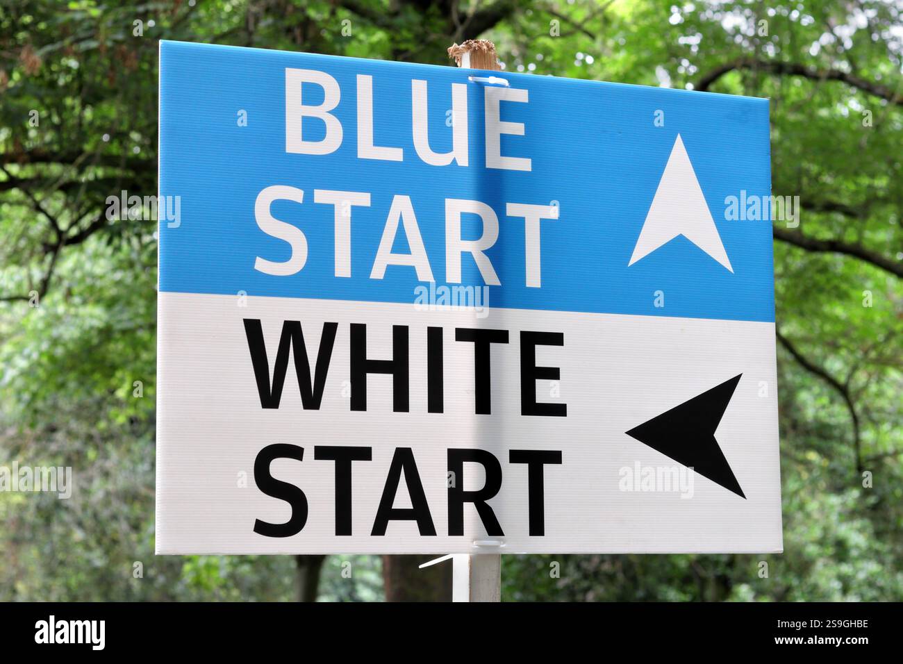 Board with arrows indicating directions to blue and white start Stock ...