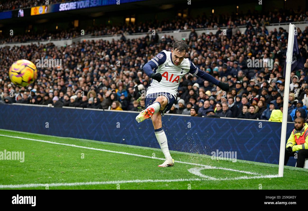 London UK 26th January 2025. Sergio Reguilon (Spurs) takes a corner ...