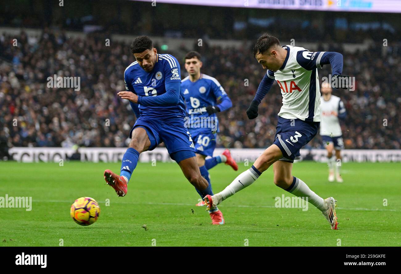 London UK 26th January 2025. Sergio Reguilon (Spurs) crosses as James ...