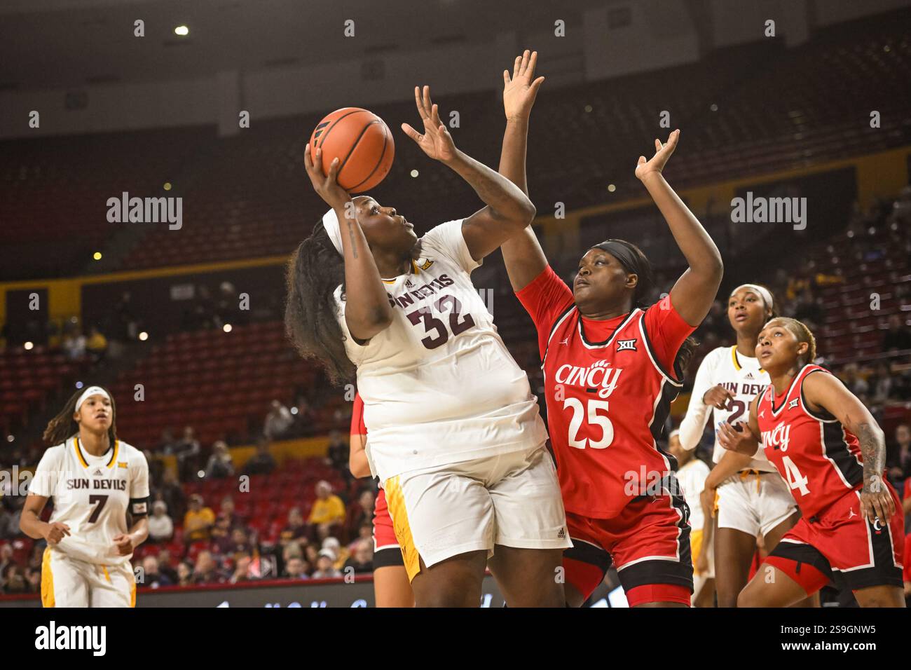 Arizona State Sun Devils center Nevaeh Parkinson (32) attempts a shot ...