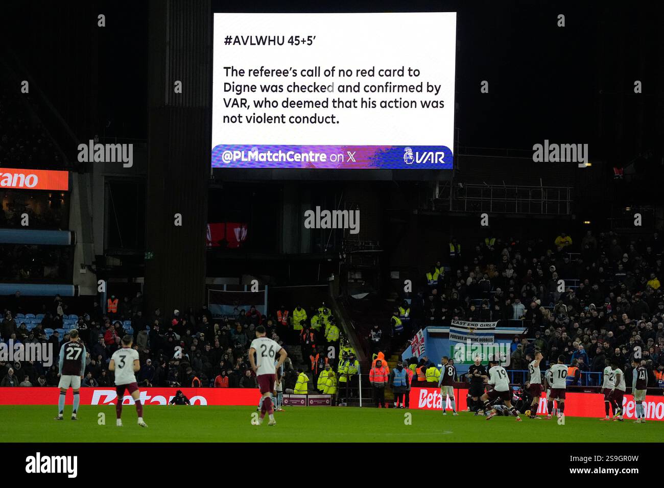 A general view of a VAR check for a possible red card for Aston Villa's ...