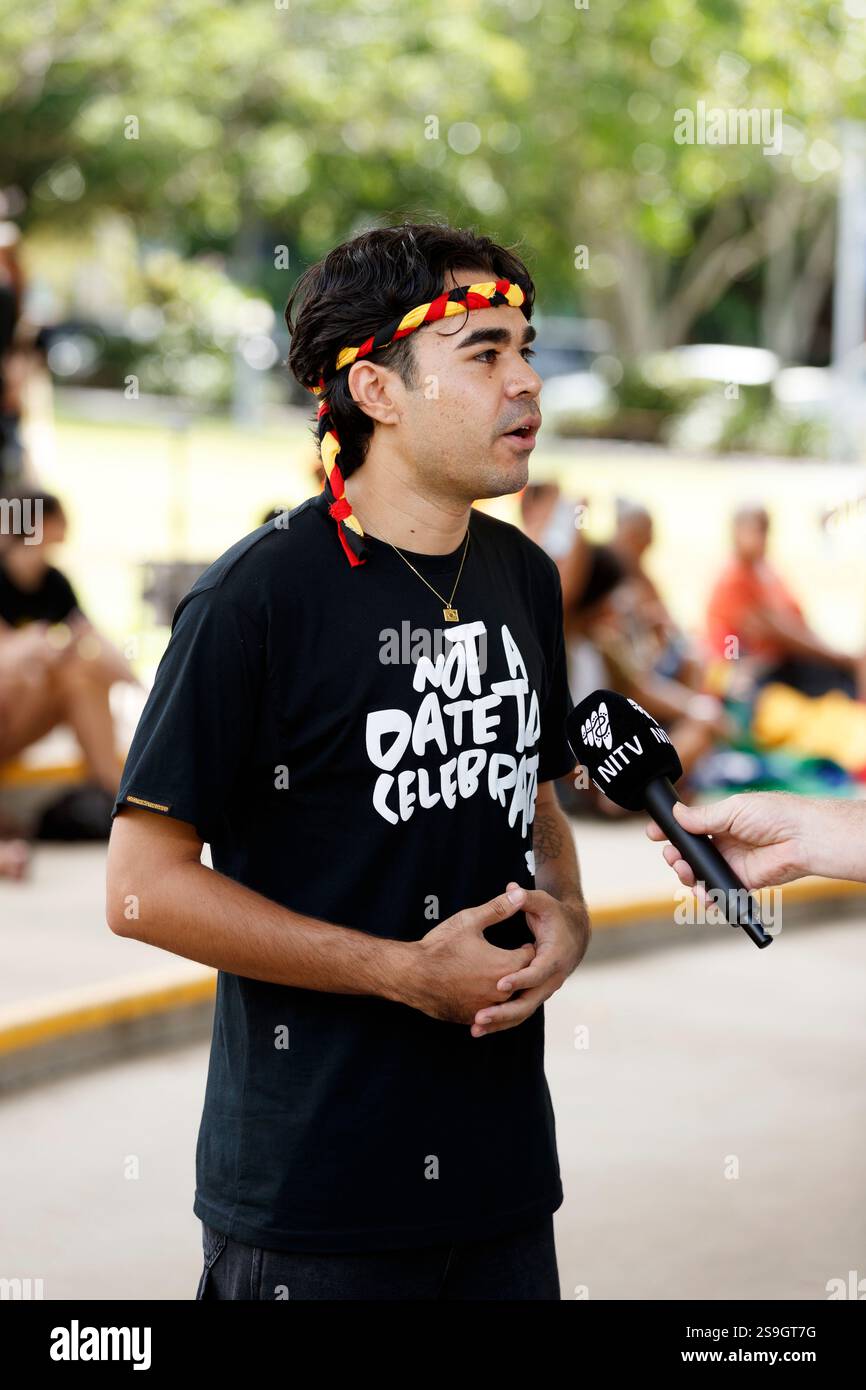 Demonstration organiser Manny Williams speaks with SBS/NITV news ...