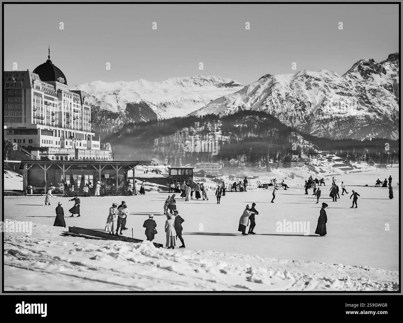 St. Moritz, Grand Hotel ice skating winter snow sports Vintage B&W ...