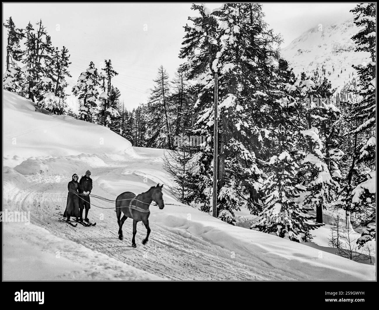 St. Moritz, vintage vacation holiday landscape, skiing Skiing couple ...