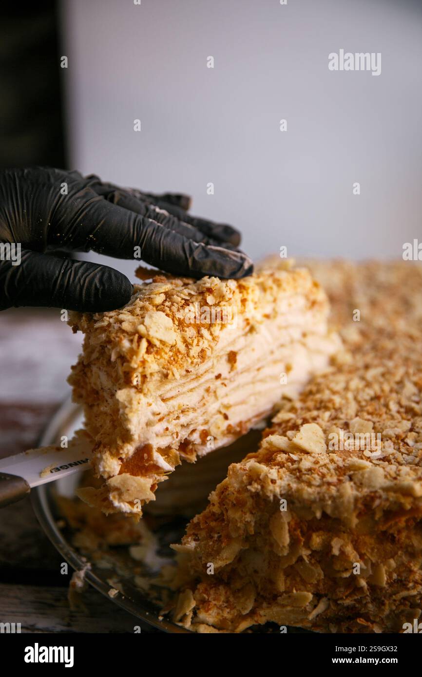 Layered cake with cream. piece of Napoleon cake. millefeuille cake ...