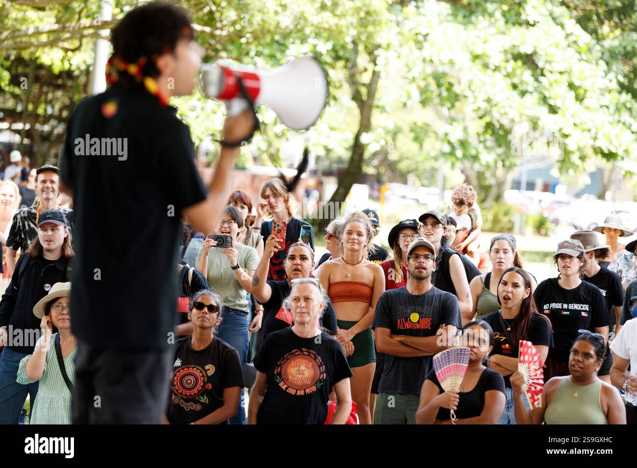 Demonstration organiser Manny Williams speaks to the crowd during the ...