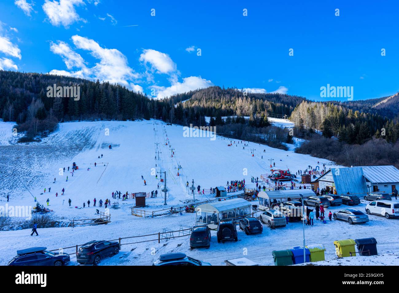 SLOVAKIA, VERNAR - JANUARY 4, 2025: Morning skiing on ski resort Vernar ...