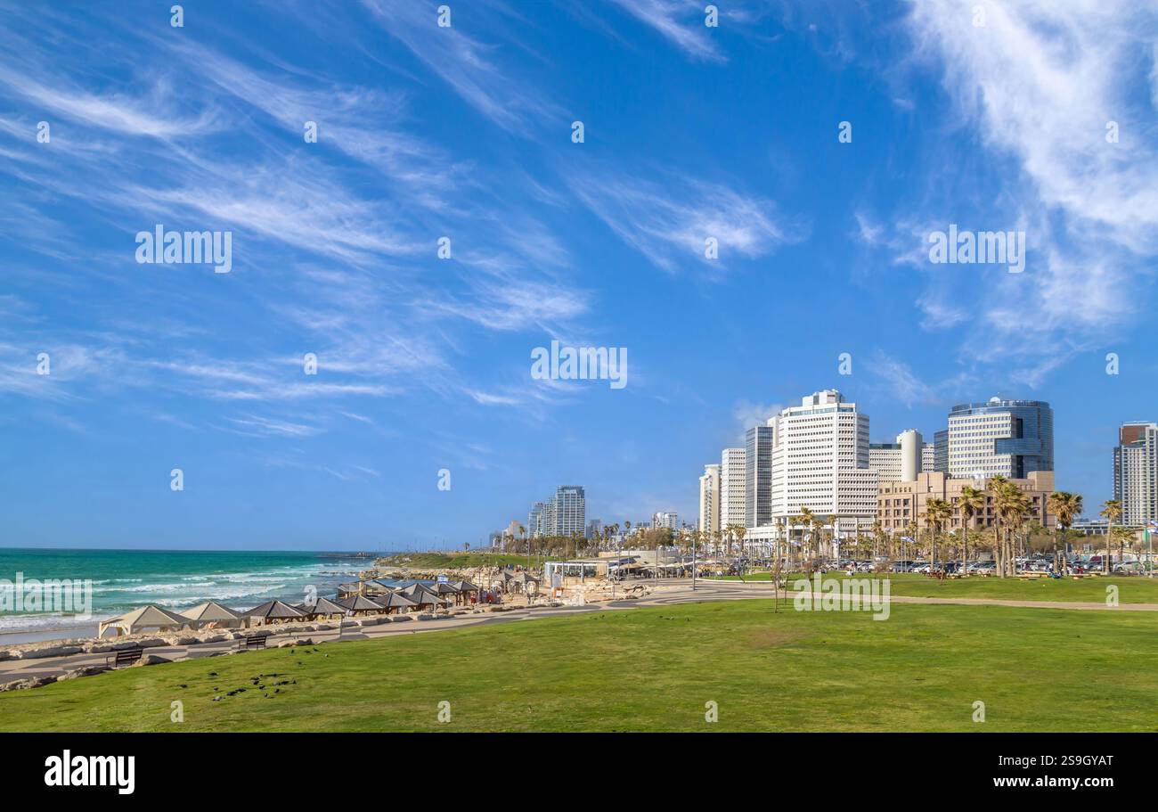 Scenic Israel Tel Aviv coastline seashore promenade with hotels and ...