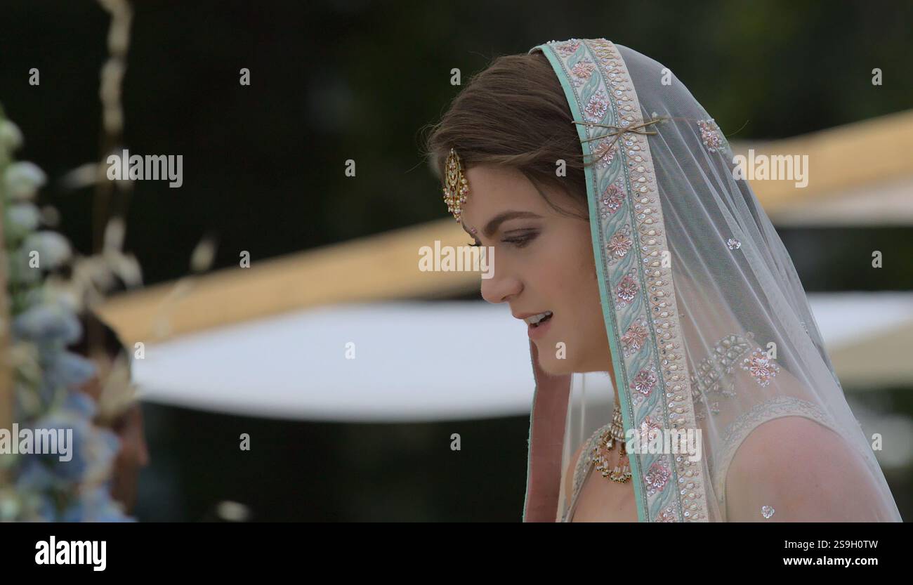close-up side view of beautiful young caucasian bride indian bridal ...