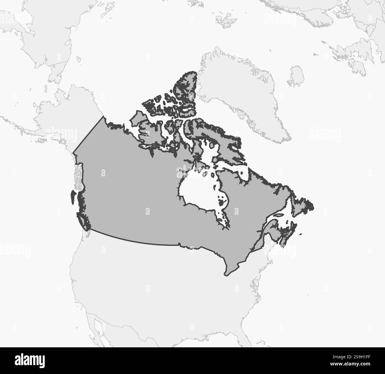 Map of Canada and nearby countries, Canada is highlighted in gray Stock ...