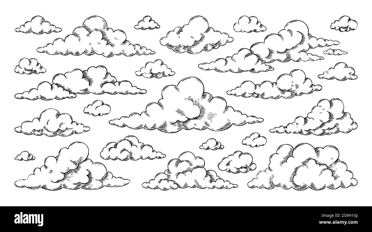 Cloud sketch. Vintage hand draw sky isolated element, retro line art or ...