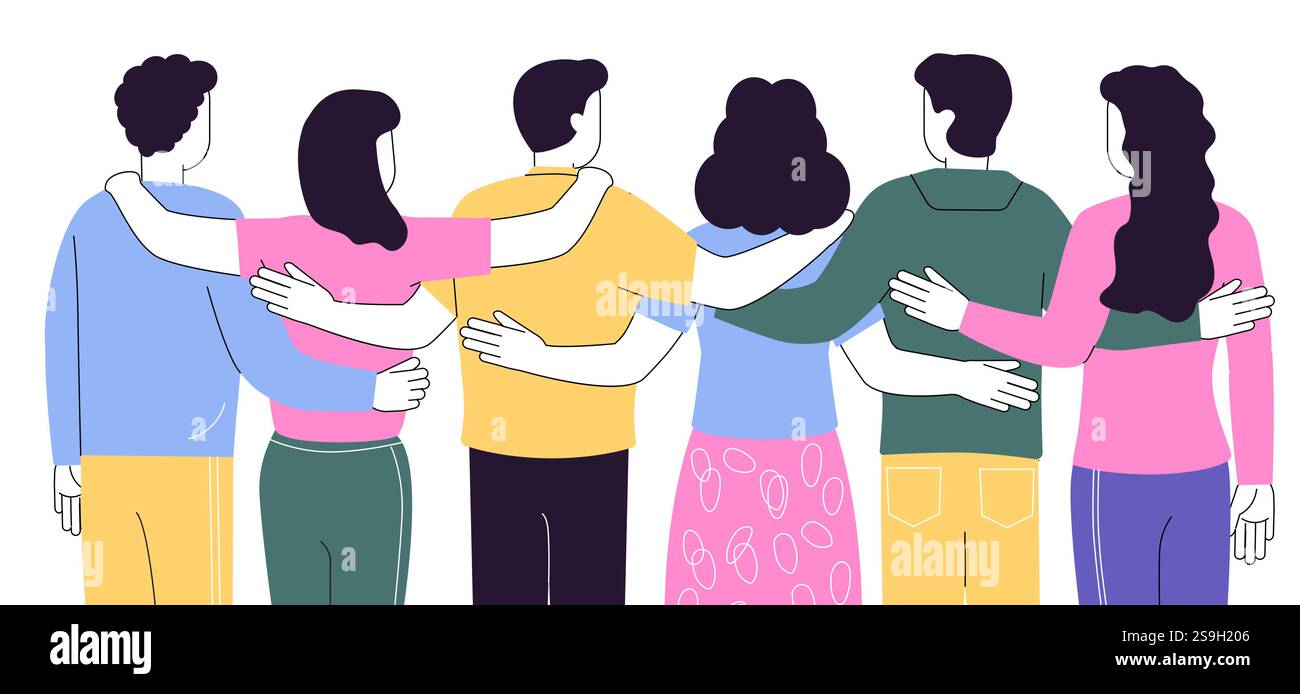 Group of friends. Crowd standing together. Hugging men and women backs ...