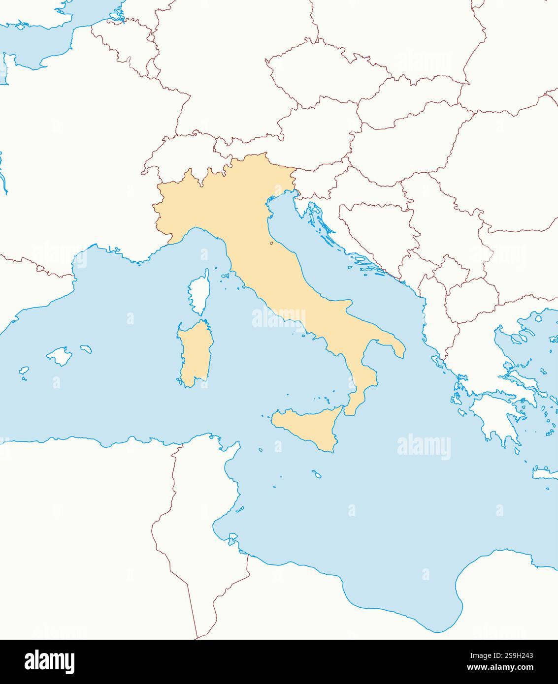 Map of Italy and nearby countries, Italy is highlighted Stock Vector ...