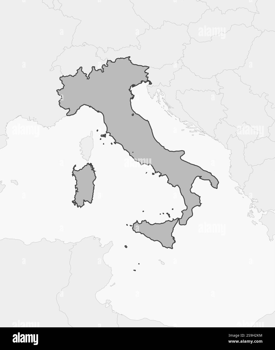 Map of Italy and nearby countries, Italy is highlighted in gray Stock ...