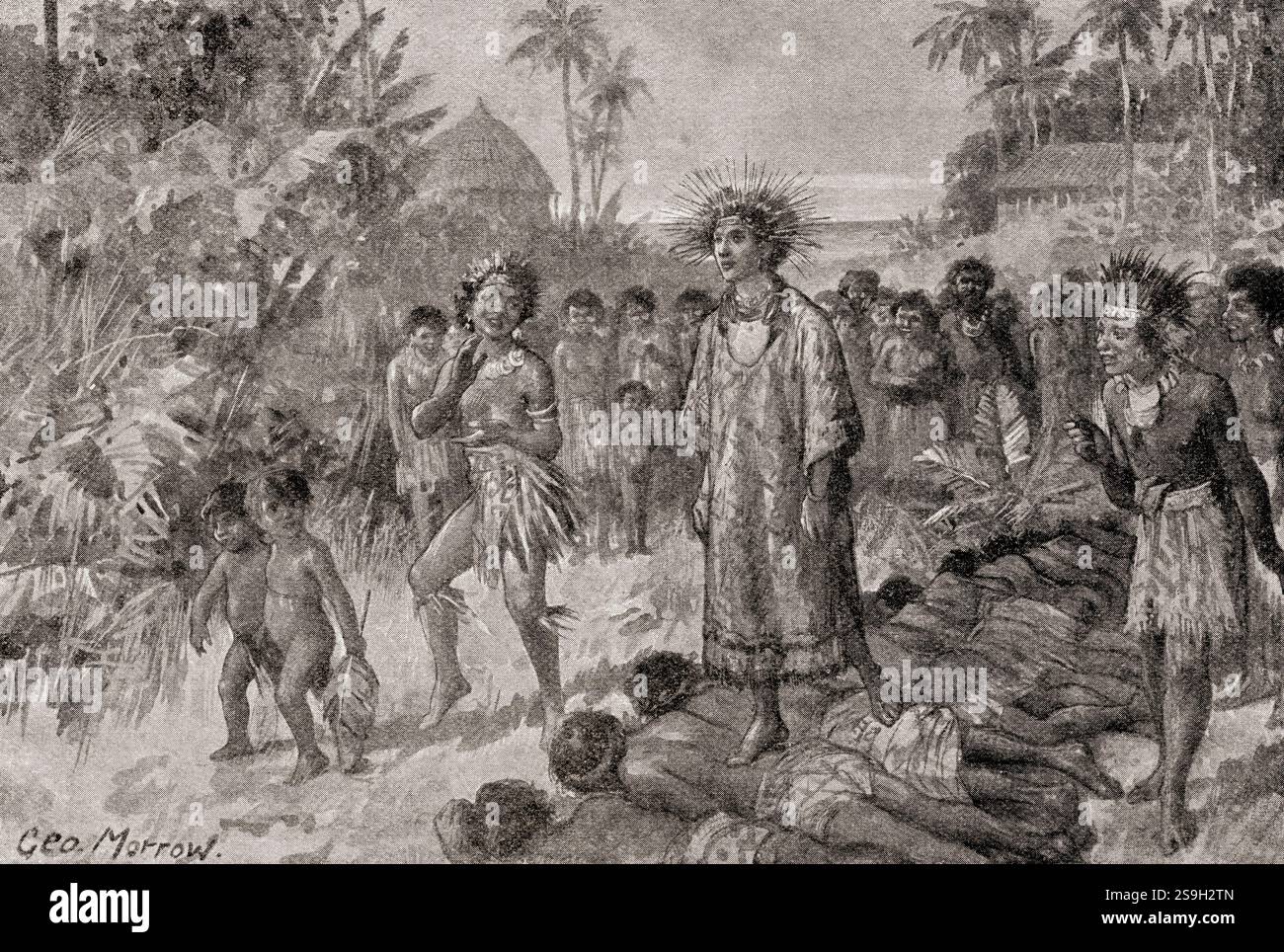 A marriage custom of the Hervey or Cook Islands, the groom is seen ...