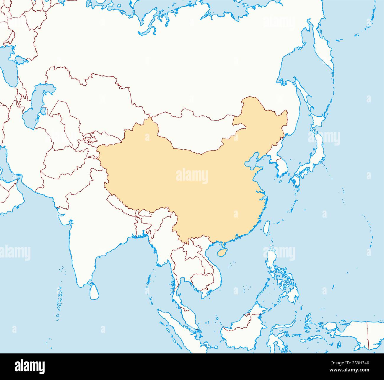 Map of China and nearby countries, China is highlighted Stock Vector ...