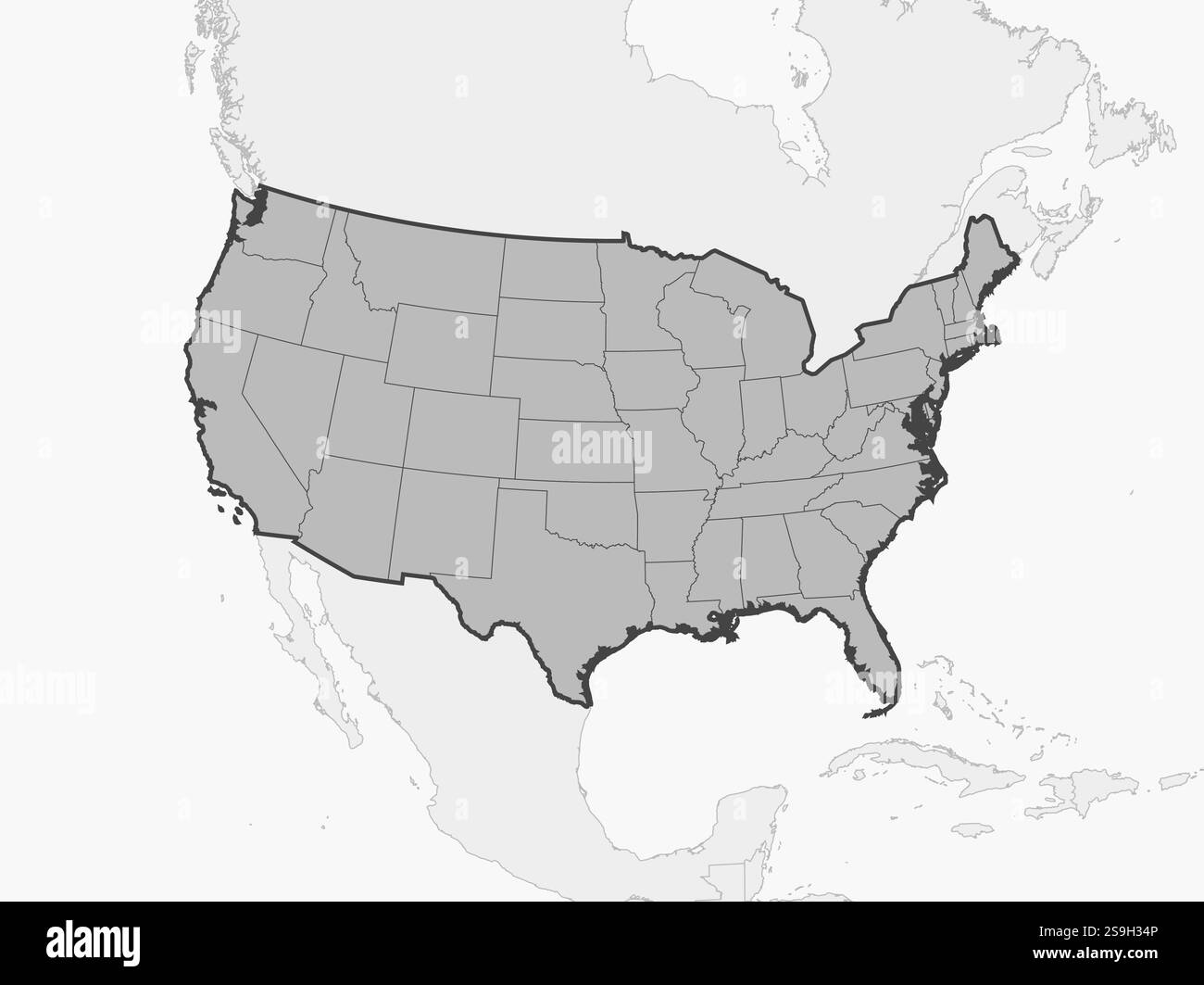 Map of United States and nearby countries, United States is highlighted ...