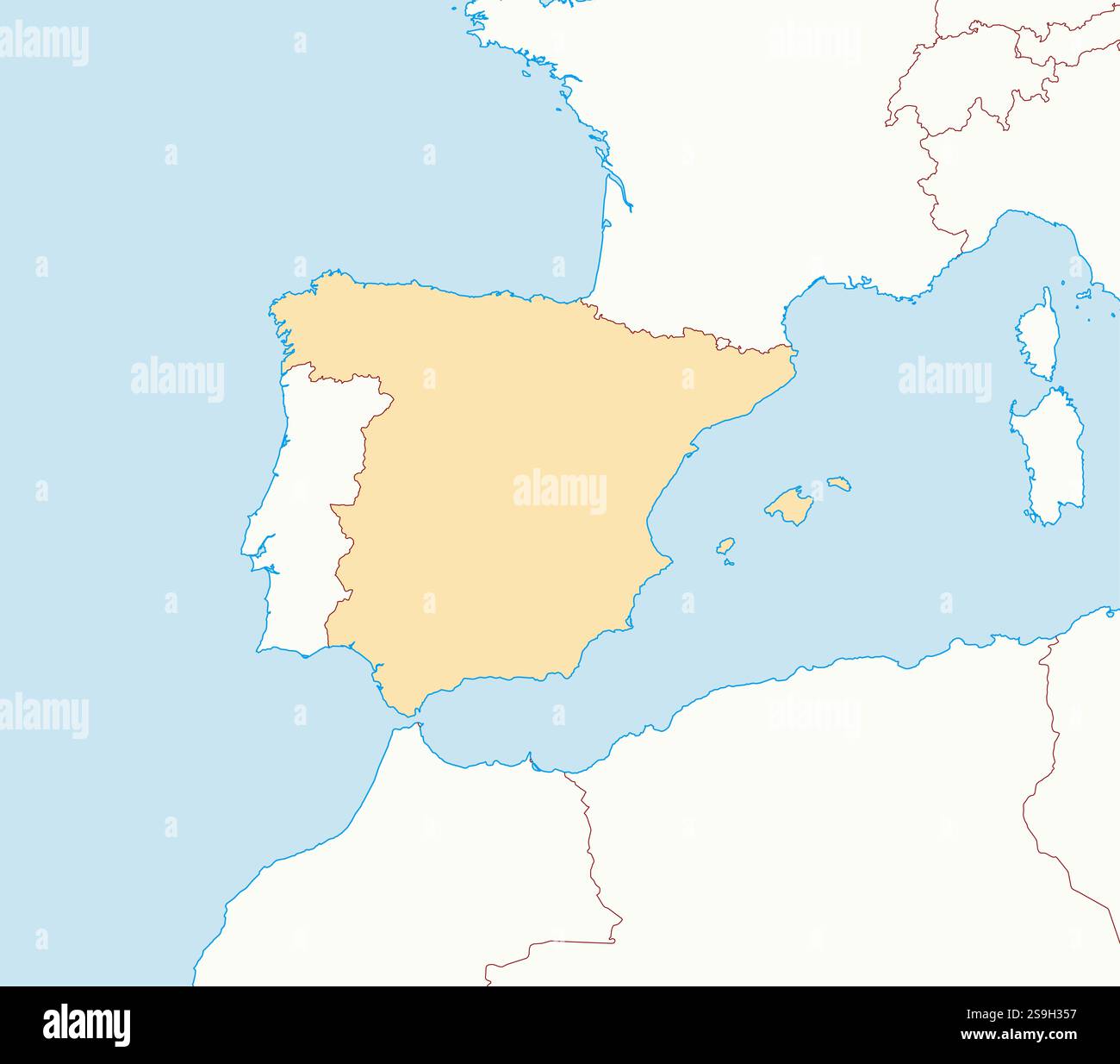 Map of Spain and nearby countries, Spain is highlighted Stock Vector ...