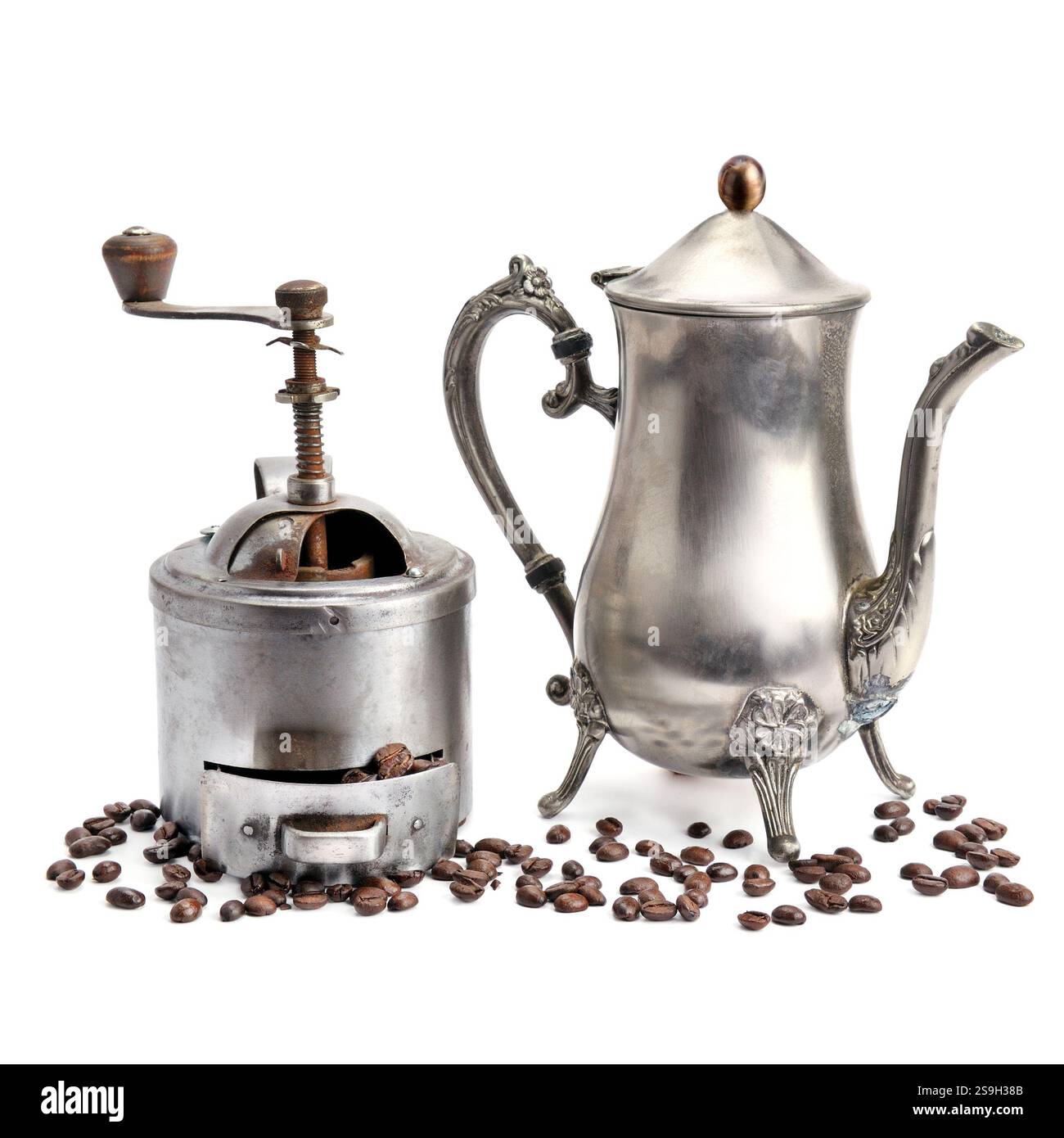 Retro coffee pot, grinder coffee and beans isolated on white background ...