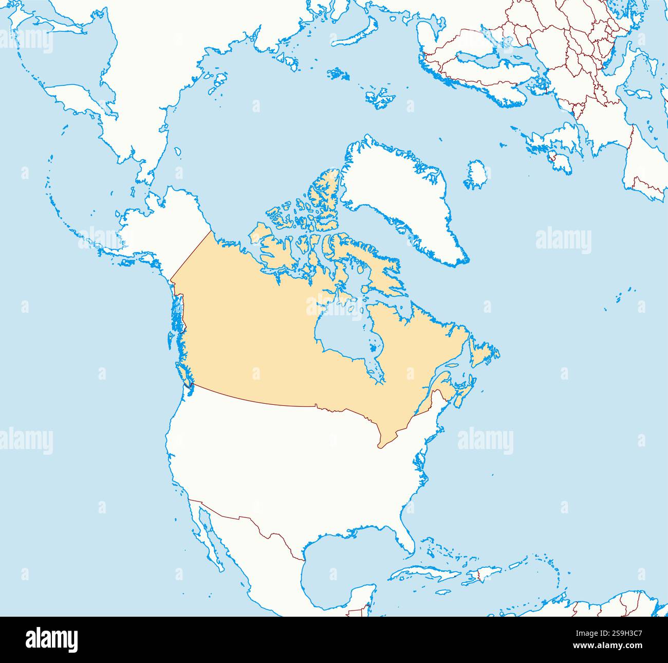 Map of Canada and nearby countries, Canada is highlighted Stock Vector ...