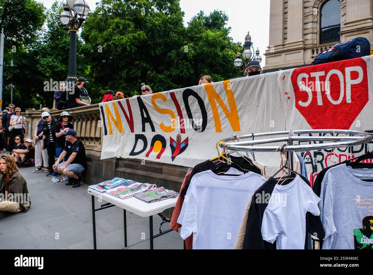 Large "Invasion Day banner" is seen in front of Parliament of Victoria ...