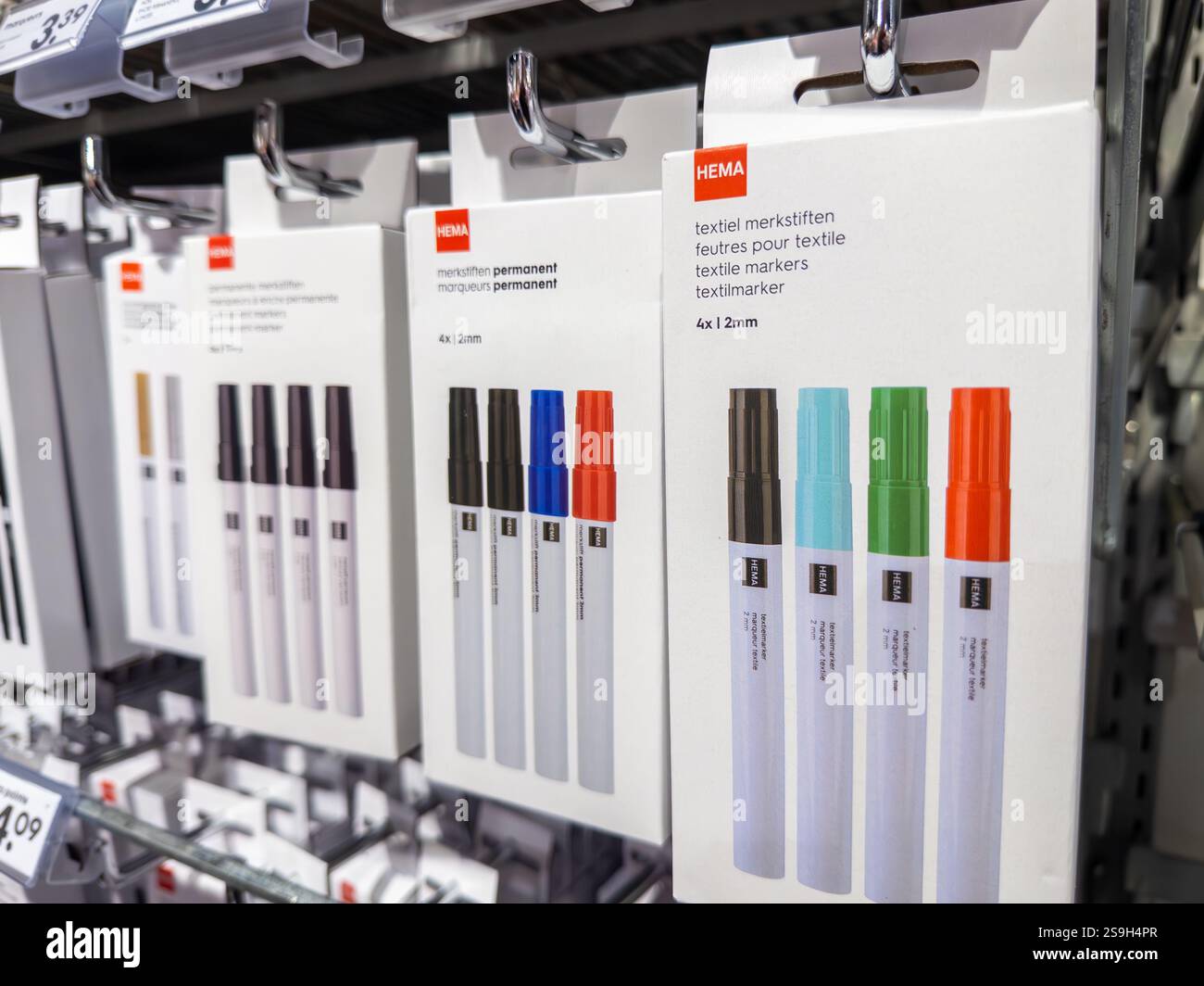 Colorful textile markers in an art supply store for creative projects ...