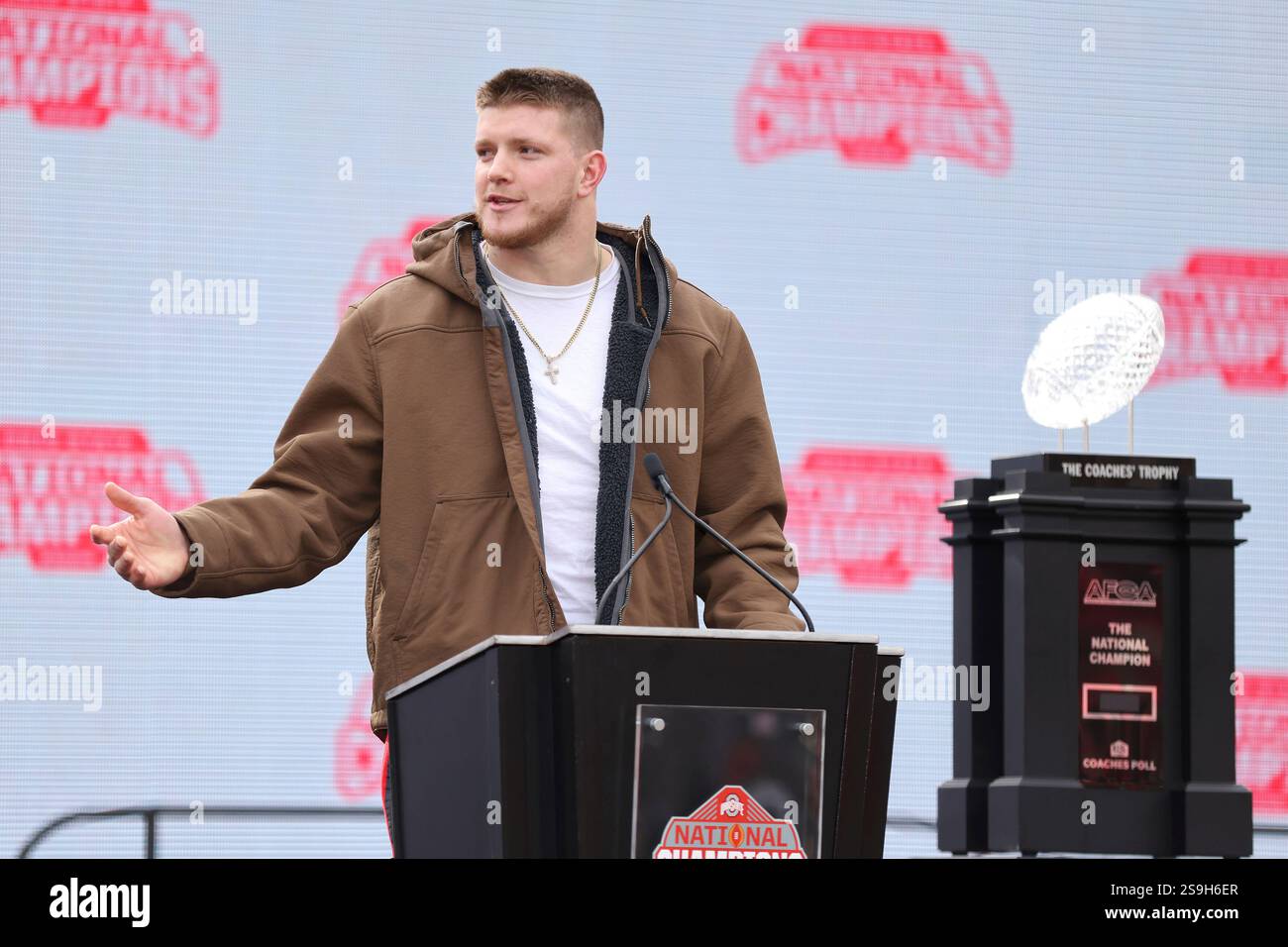 Ohio State defensive end Jack Sawyer speaks during the National ...