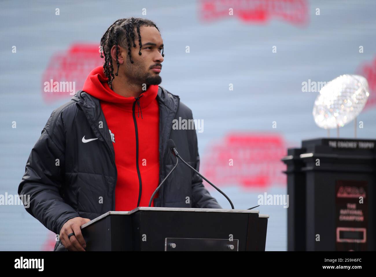 Ohio State wide receiver Emeka Egbuka gives a speech during the ...
