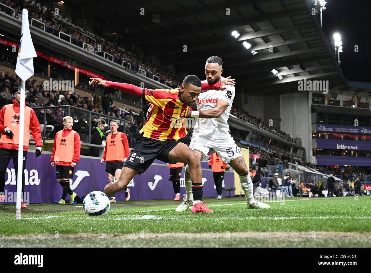 Brussels, Belgium. 26th Jan, 2025. Mechelen's Rafik Belghali and ...