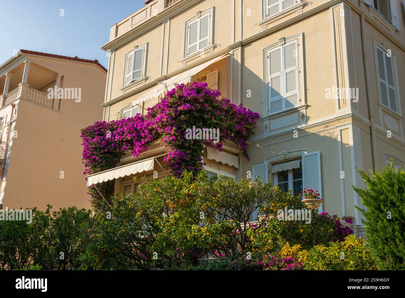 Colorful Mediterranean house facades of luxury buildings with ornate ...