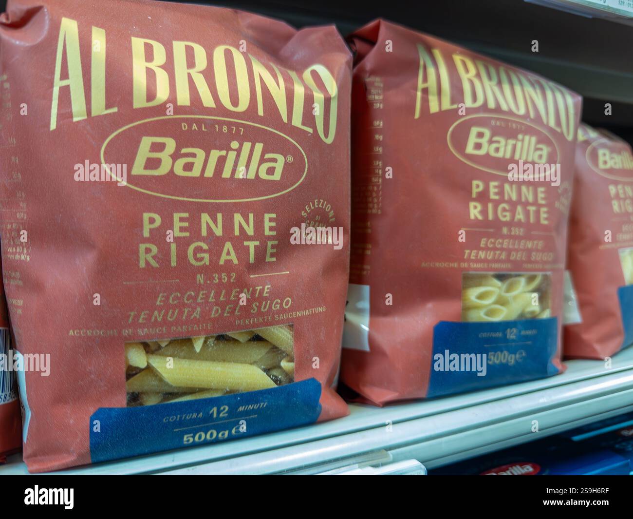 Penne rigate pasta package on grocery store shelf showcases Italian ...