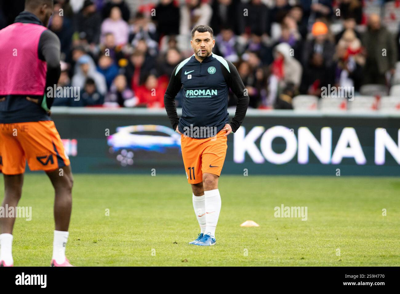 Teji Savanier of Montpellier warming up before the French championship Ligue 1 football match ...